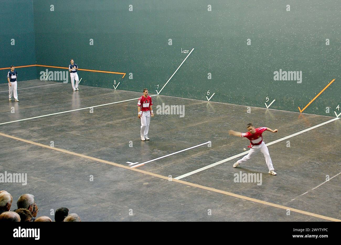 Pelotaris (pelota players) playing in pelota court. Legazpi. Gipuzcoa ...