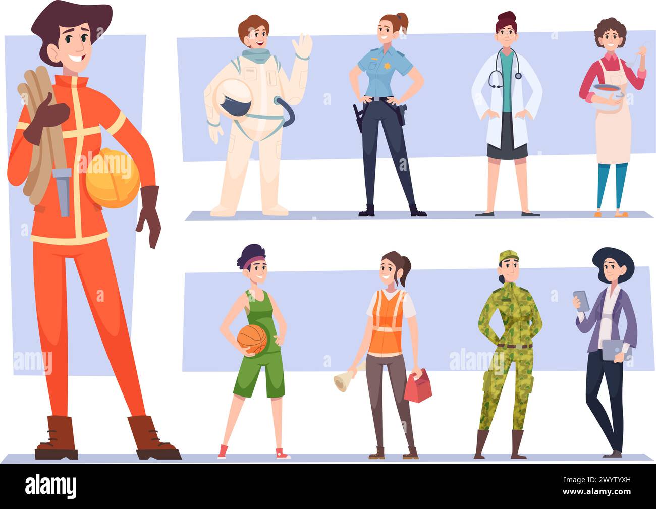 Woman occupations. Set of female characters workers athlete cook and ...