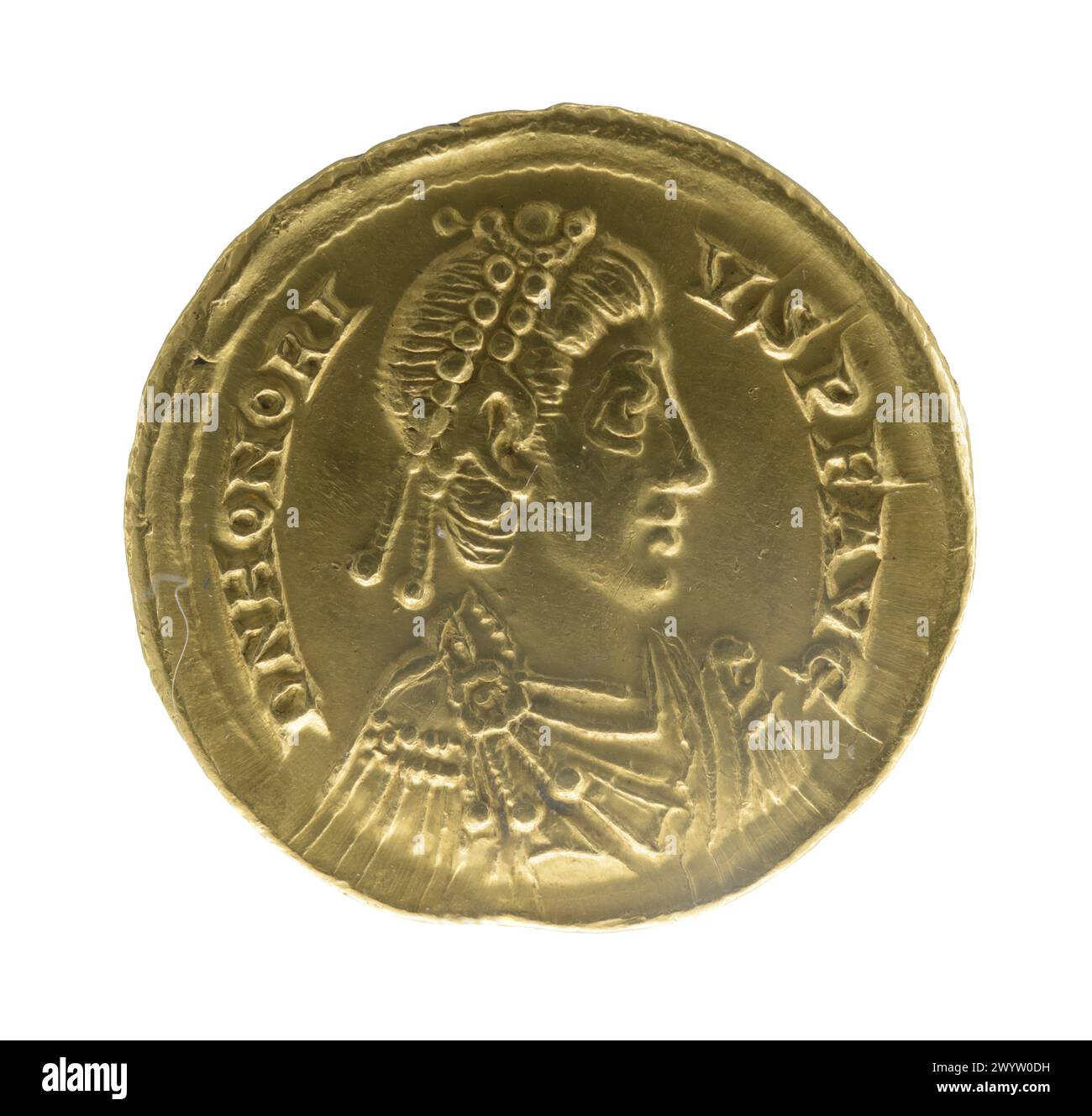 Honorius. Roman emperor. Aureus with the profile of the emperor Stock ...