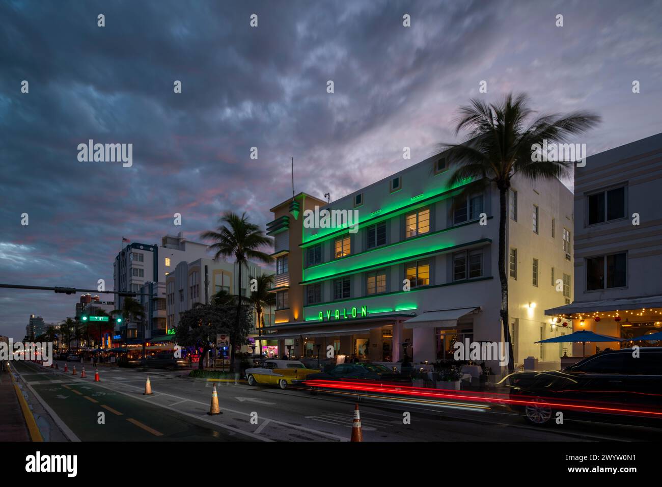 Art deco architecture of Ocean Drive at night, South Beach, Miami, Dade ...