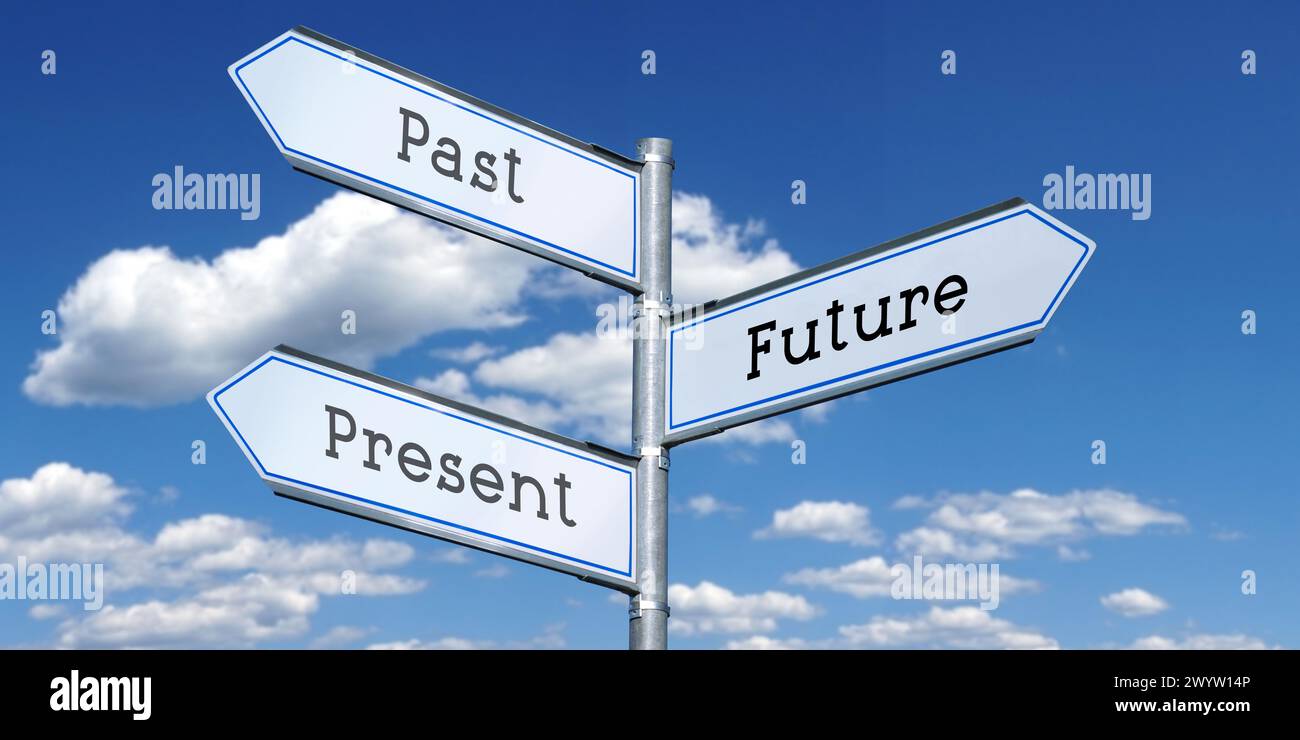 Past, future, present - metal signpost with three arrows Stock Photo ...