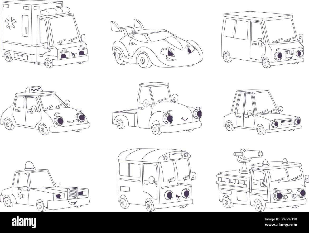 Cars coloring book. Vehicles with eyes linear illustrations for kids ...