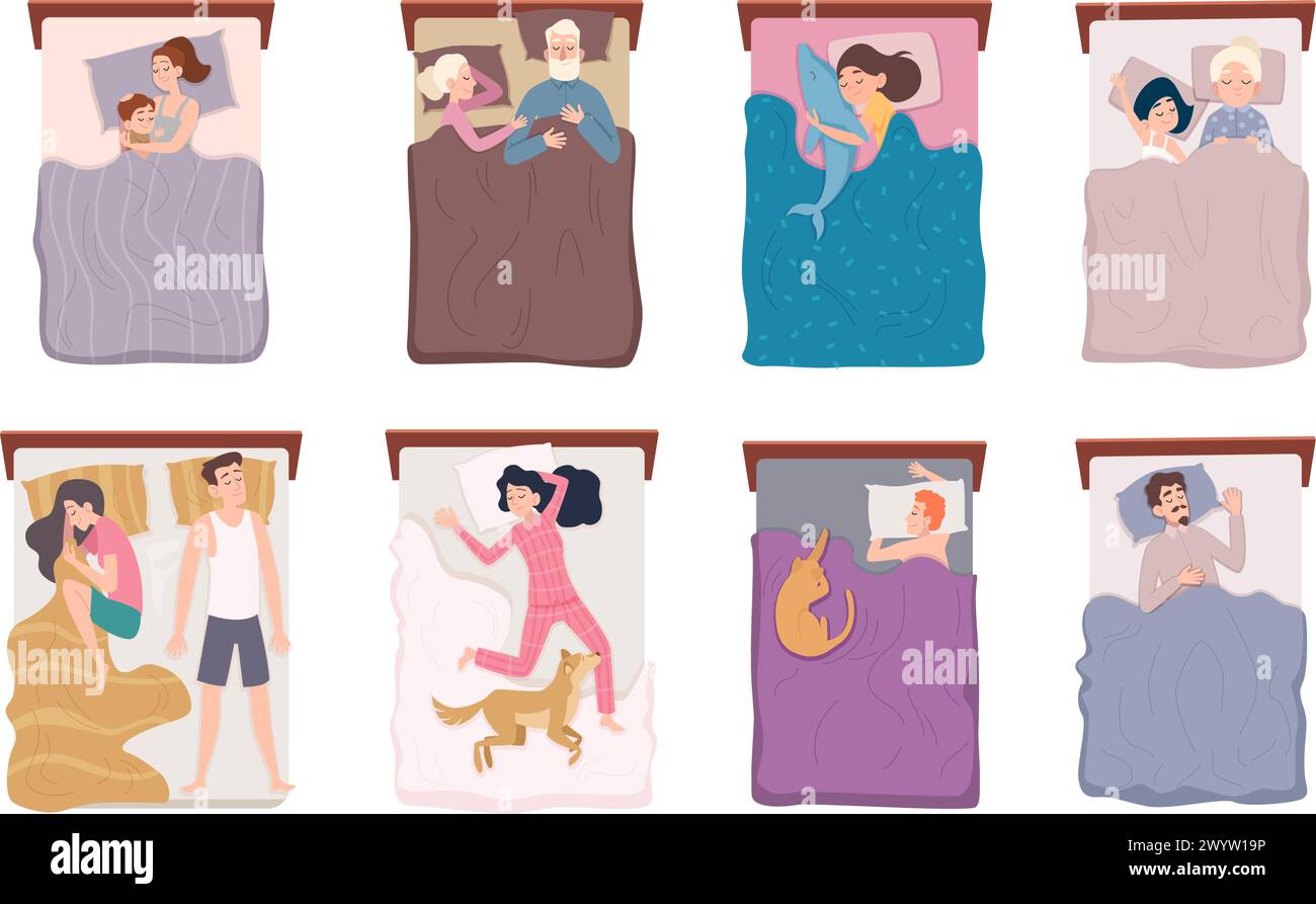 Lying top view. Sleeping people lying in bed kids dreaming exact vector ...