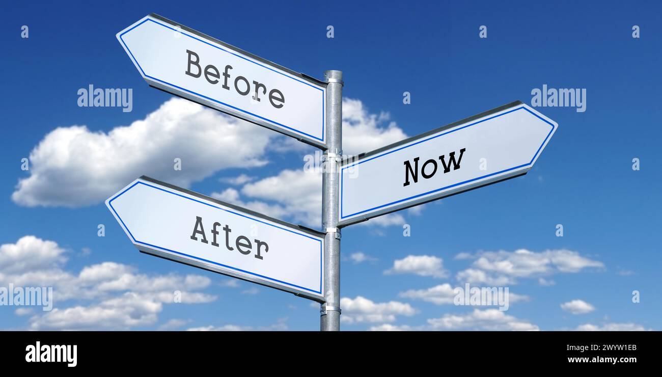 Before, now, after - metal signpost with three arrows Stock Photo - Alamy