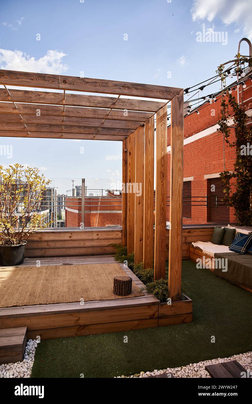 A cozy outdoor living area featuring a beautiful wooden pergola ...