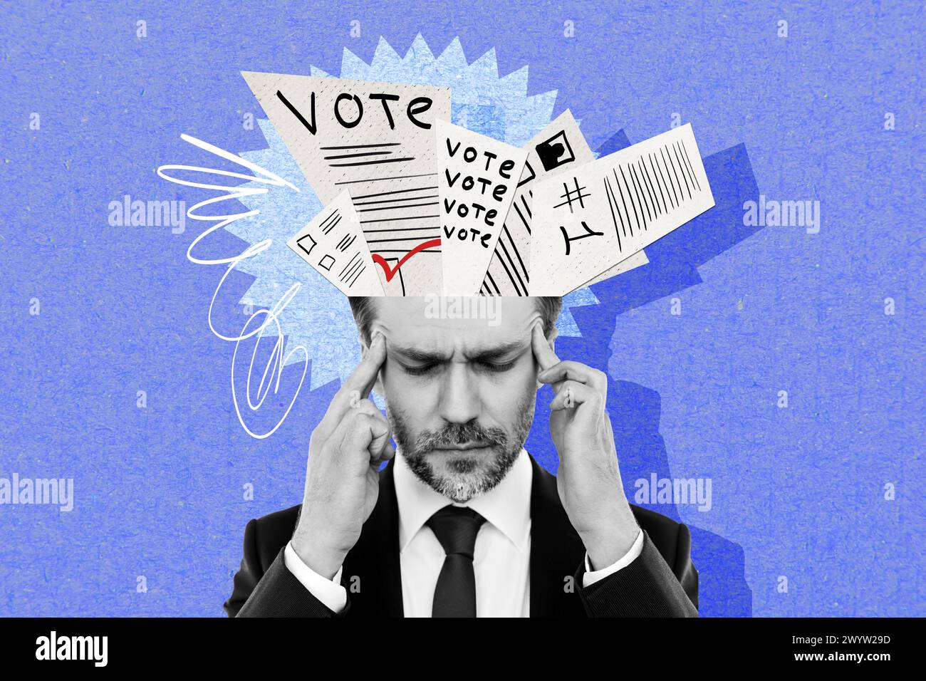 Composite photo collage of tired man candidate think paper ballot ...