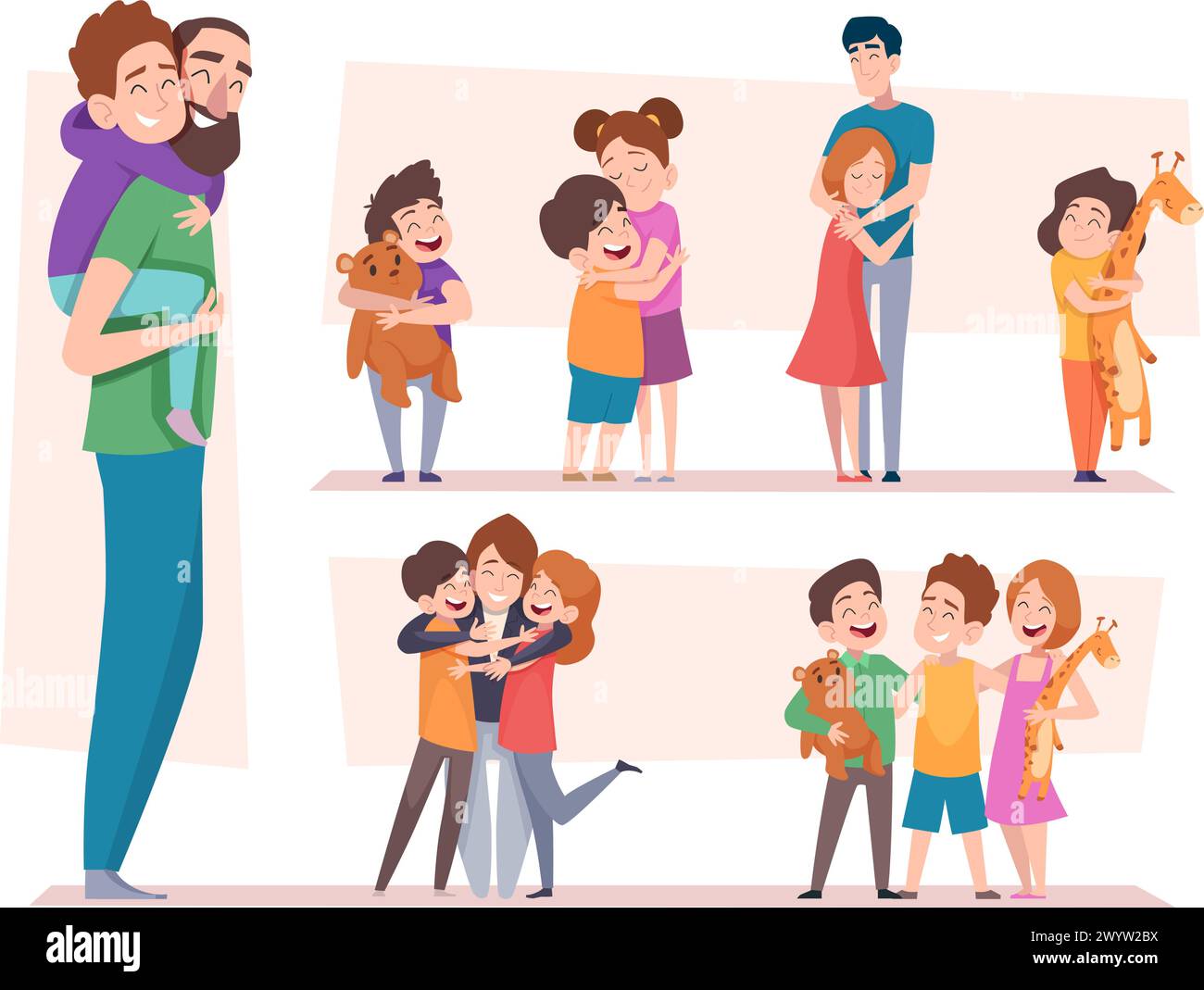 Kids hugging. Warm children hugs happy kids holding toys exact illustrations of family love ...