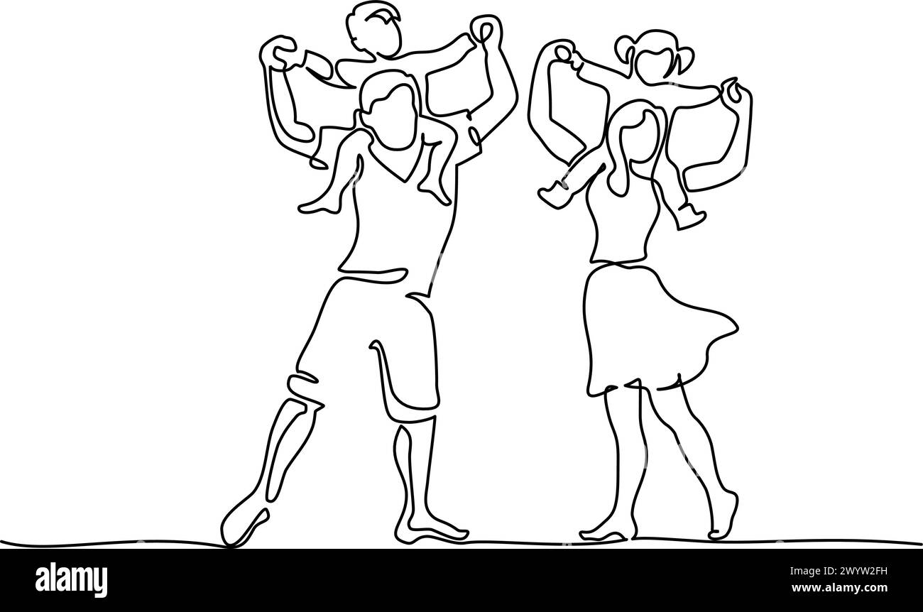 Father and mother dancing while holding children on shoulders. Happy ...