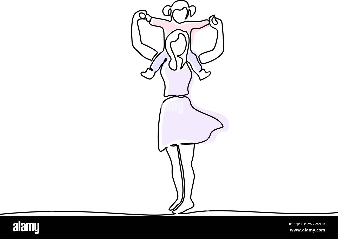 Happy Mother with children daughter on shoulders. Continuous one line ...