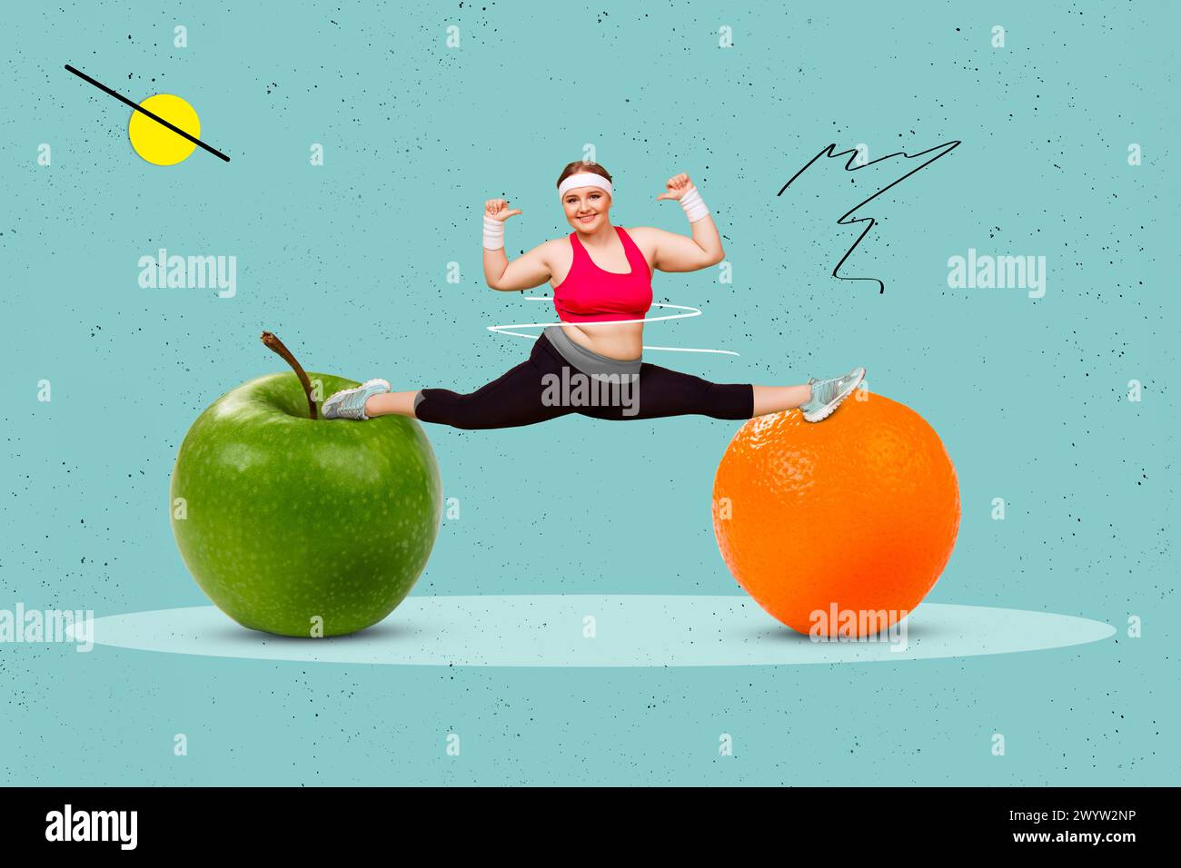 Collage banner of beautiful purposeful girl showing herself loss weight ...
