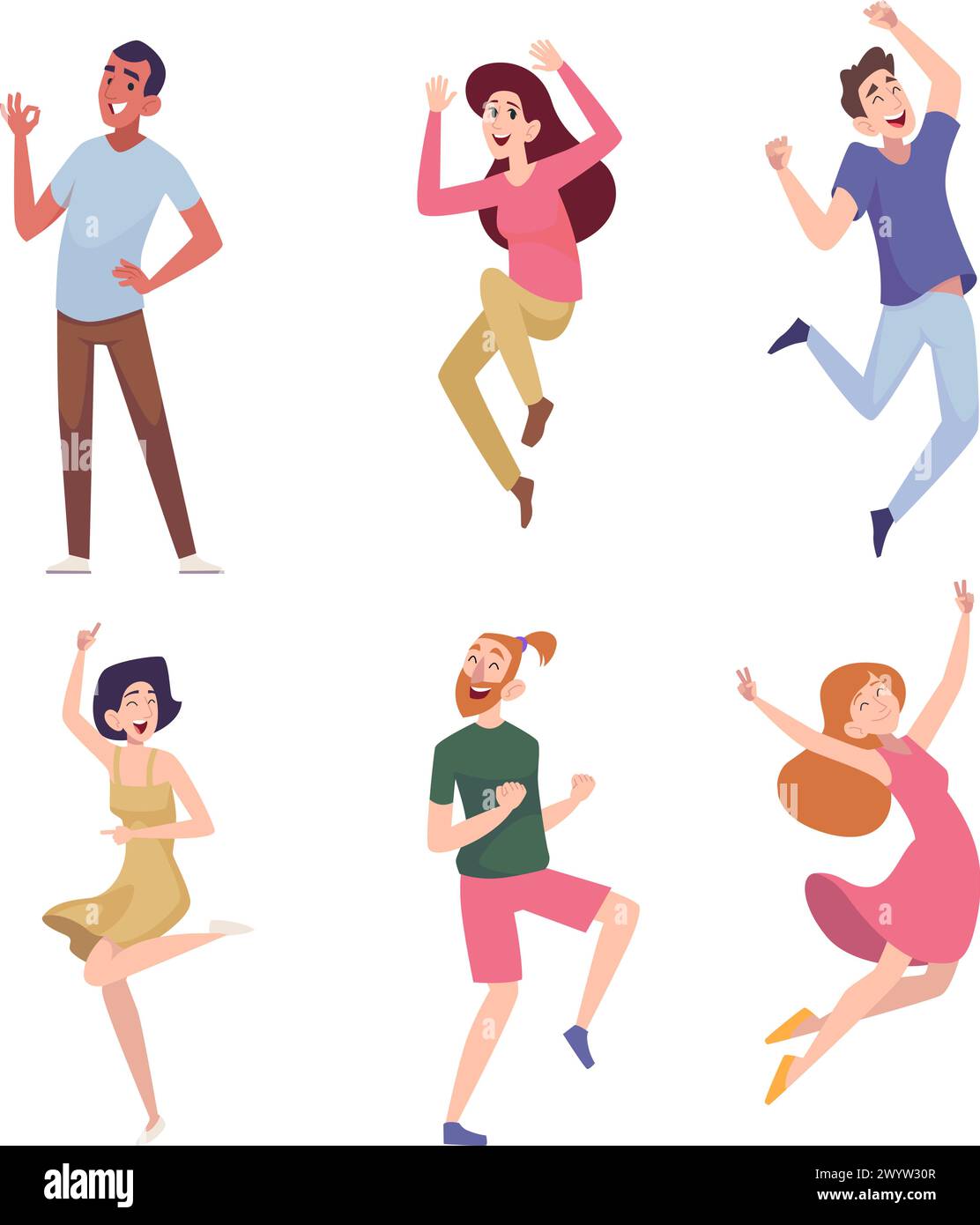 Happy people. Characters in action pose with positive emotions exact vector happy persons ...