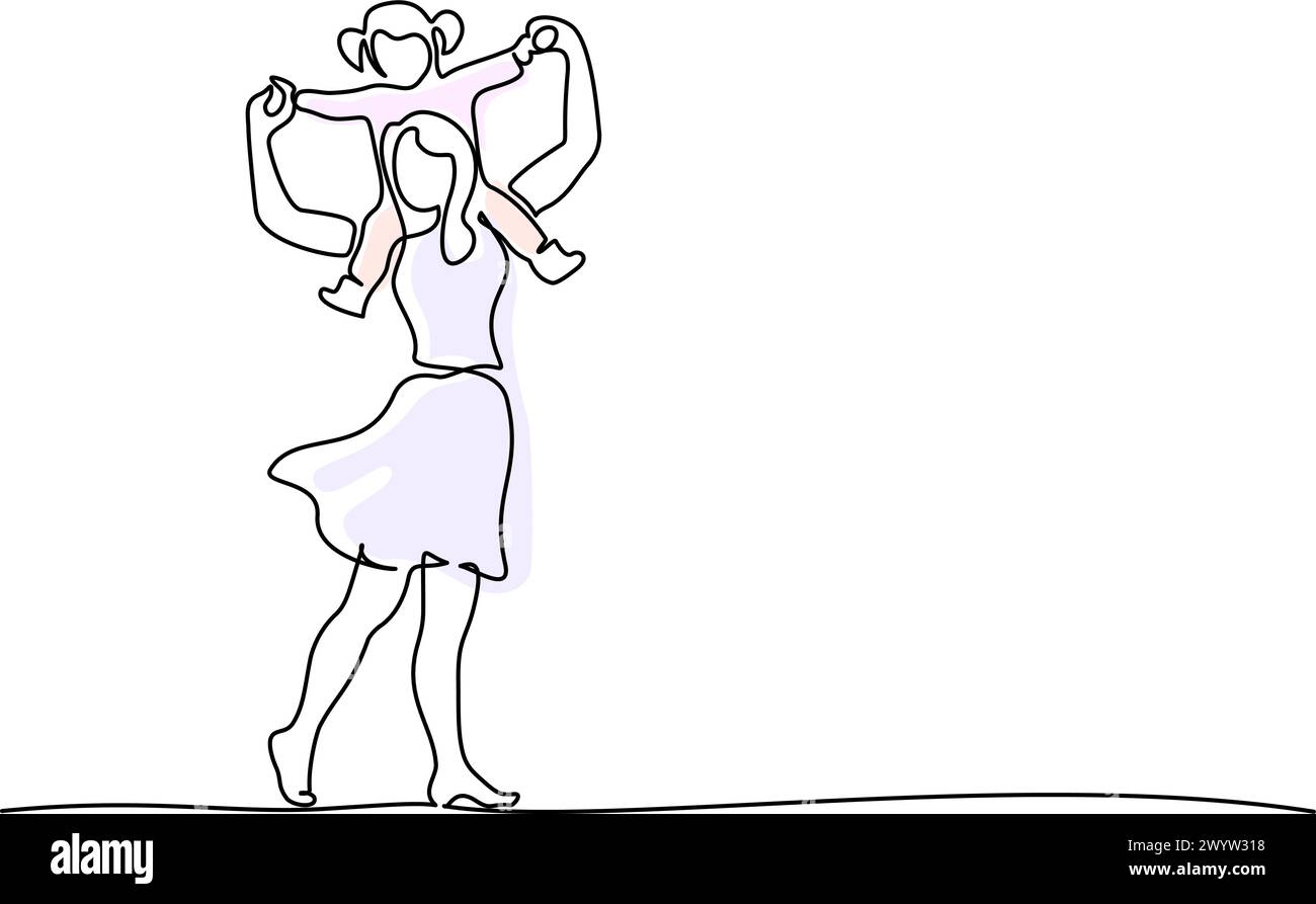 Happy Mother with children daughter on shoulders. Continuous one line ...