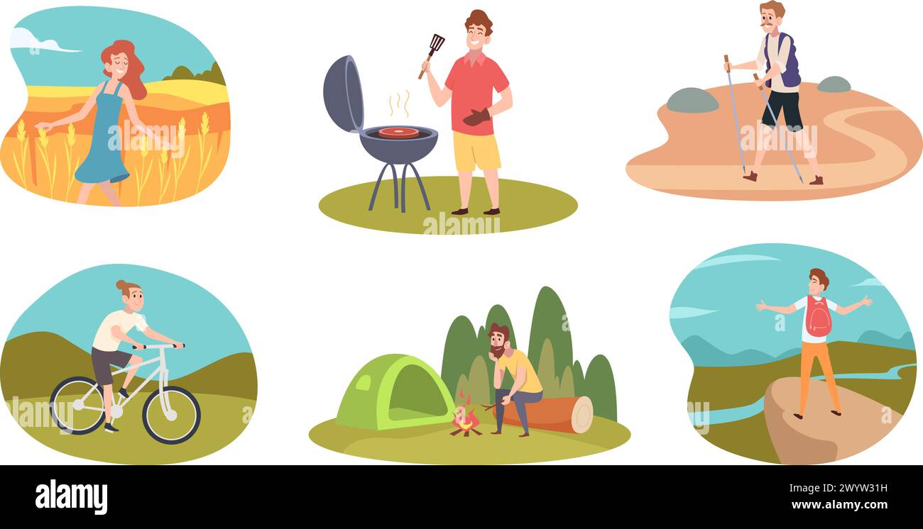 Nature relax people. Characters walking outdoor leisure in nature lying ...