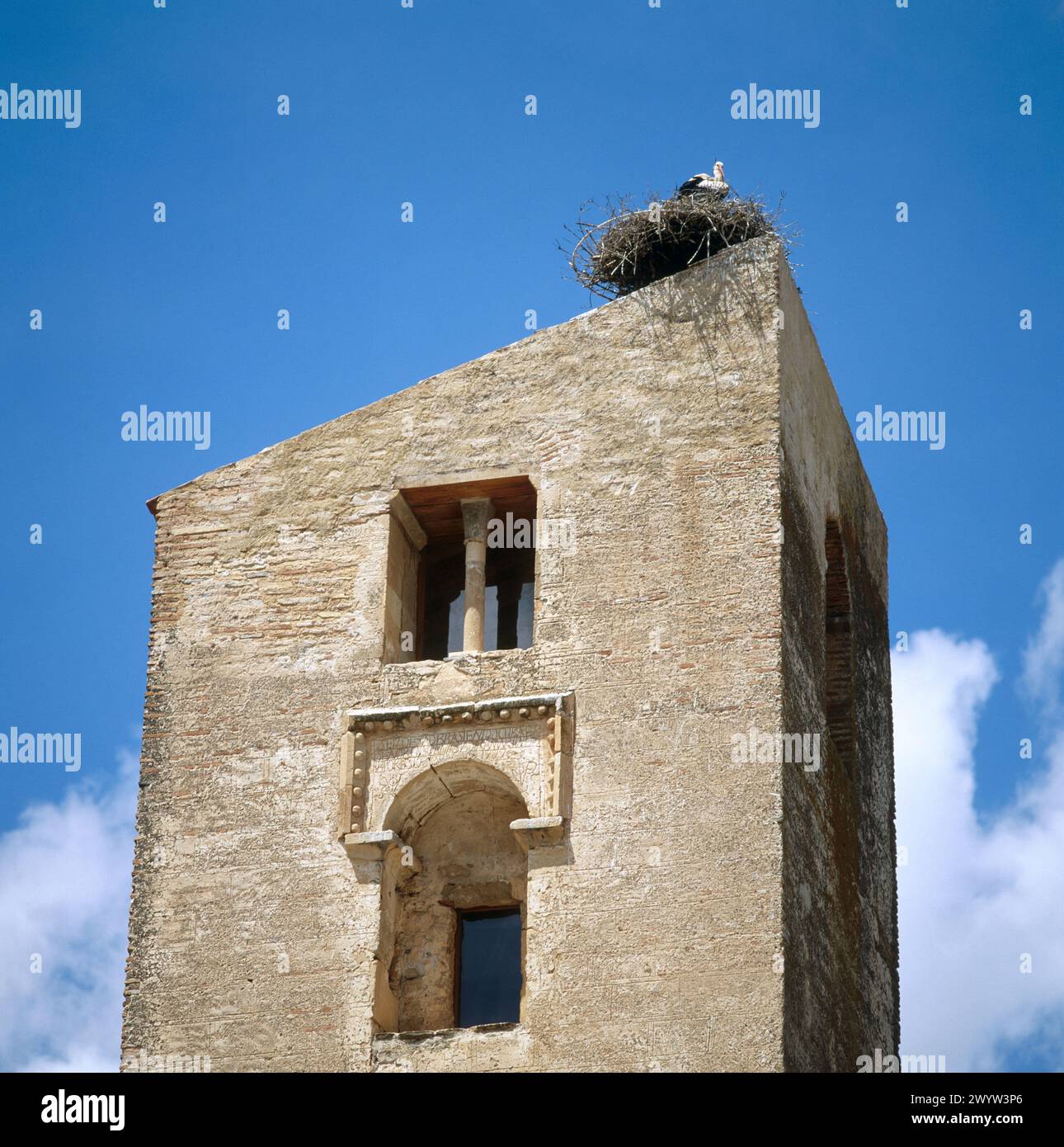 Stork nest on the top of the bell tower, San Juan church, Pedraza de la ...