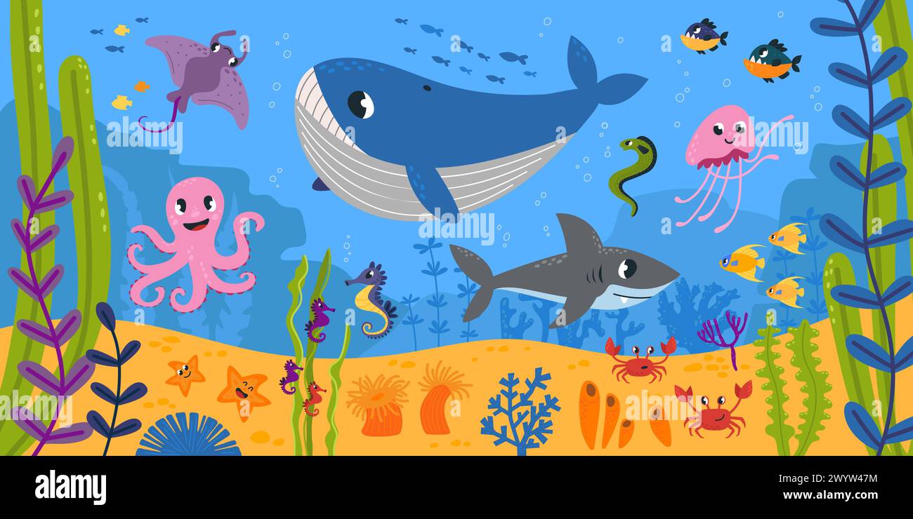 Underwater world. Cartoon fish, whale and shark swimming in sea. Ocean ...