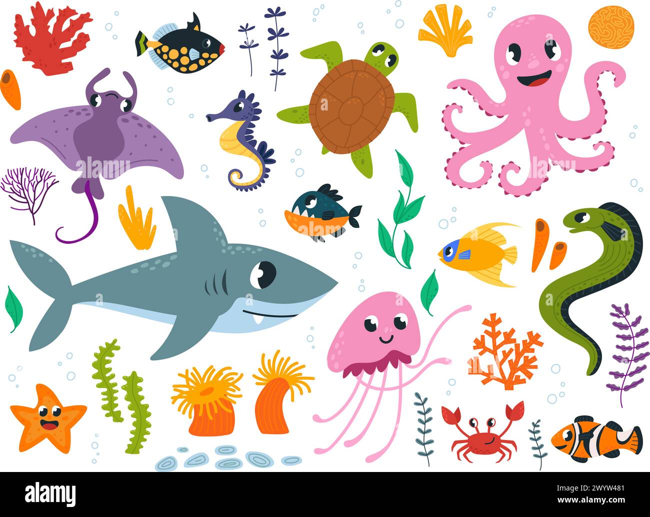 Underwater characters. Sea life, ocean animals, fish and seaweed ...