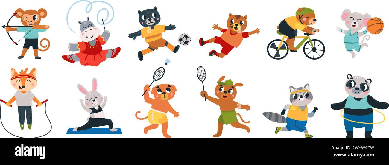 Cartoon sport animals. Funny frog, bear and lion training. Animal ...