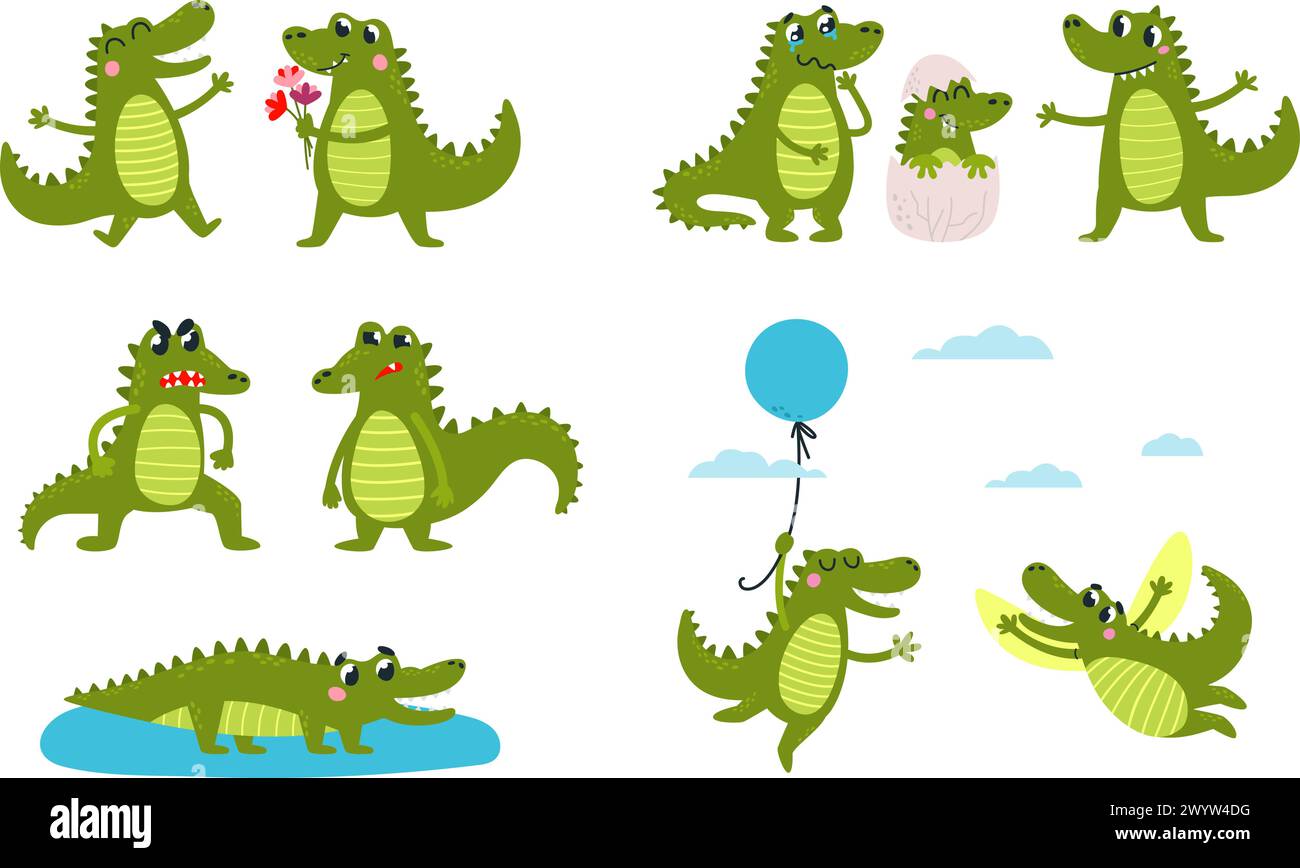 Scenes with cute cartoon crocodiles. Crocodile family with newborn ...