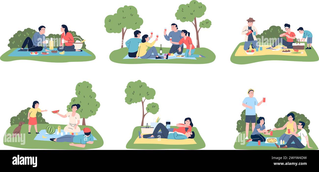 Family picnic. Seasonal outdoor activity. People eating and drinking on ...