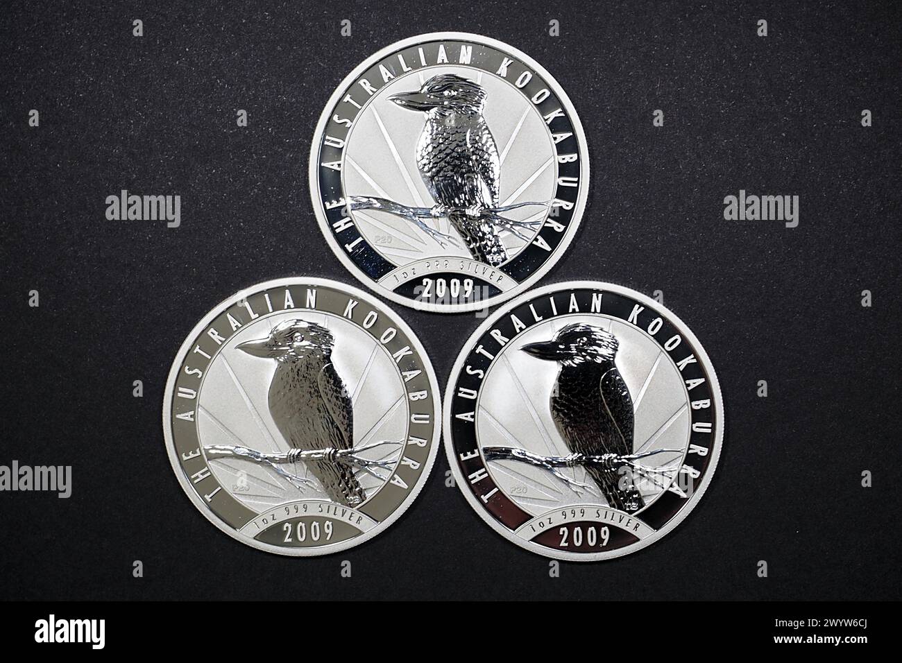 Three Australian Silver Kookaburra one ounce .999 silver coins with the ...