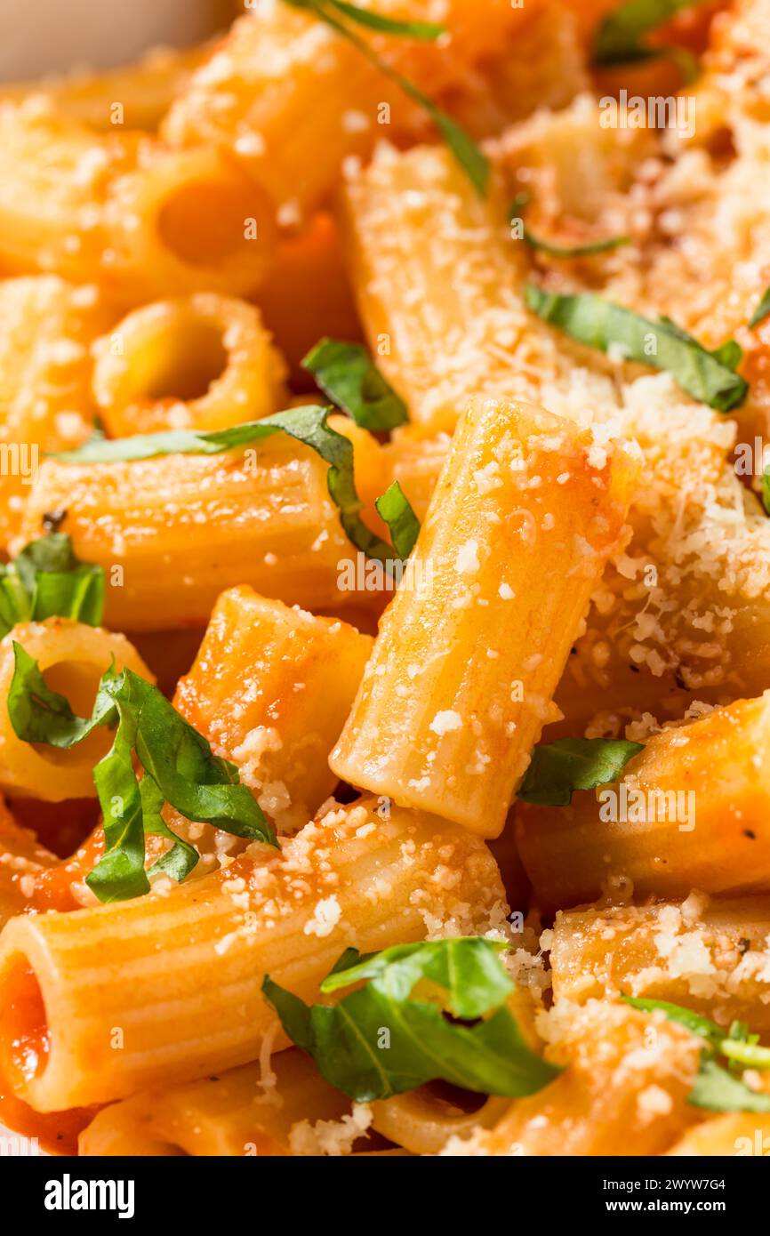 Homemade Italian Maccheroni Pasta with Red Sauce and Basil Stock Photo ...