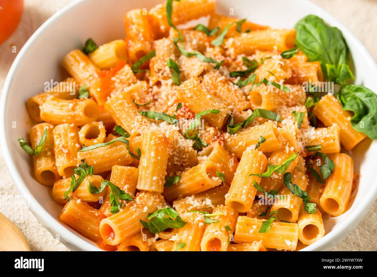 Homemade Italian Maccheroni Pasta with Red Sauce and Basil Stock Photo ...