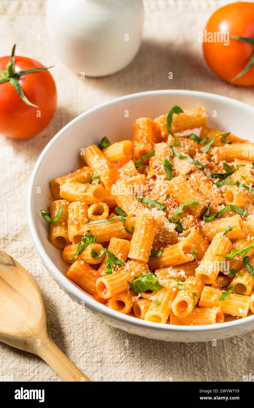 Homemade Italian Maccheroni Pasta with Red Sauce and Basil Stock Photo ...