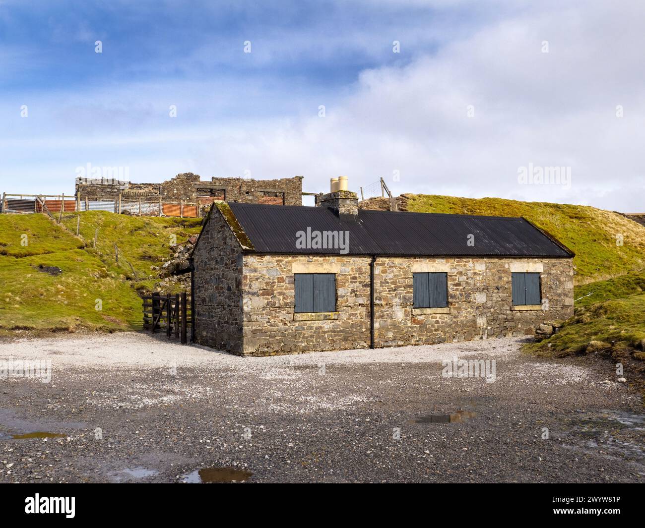 An old lead mine building now used as a bothy above Cow Green Reservoir ...