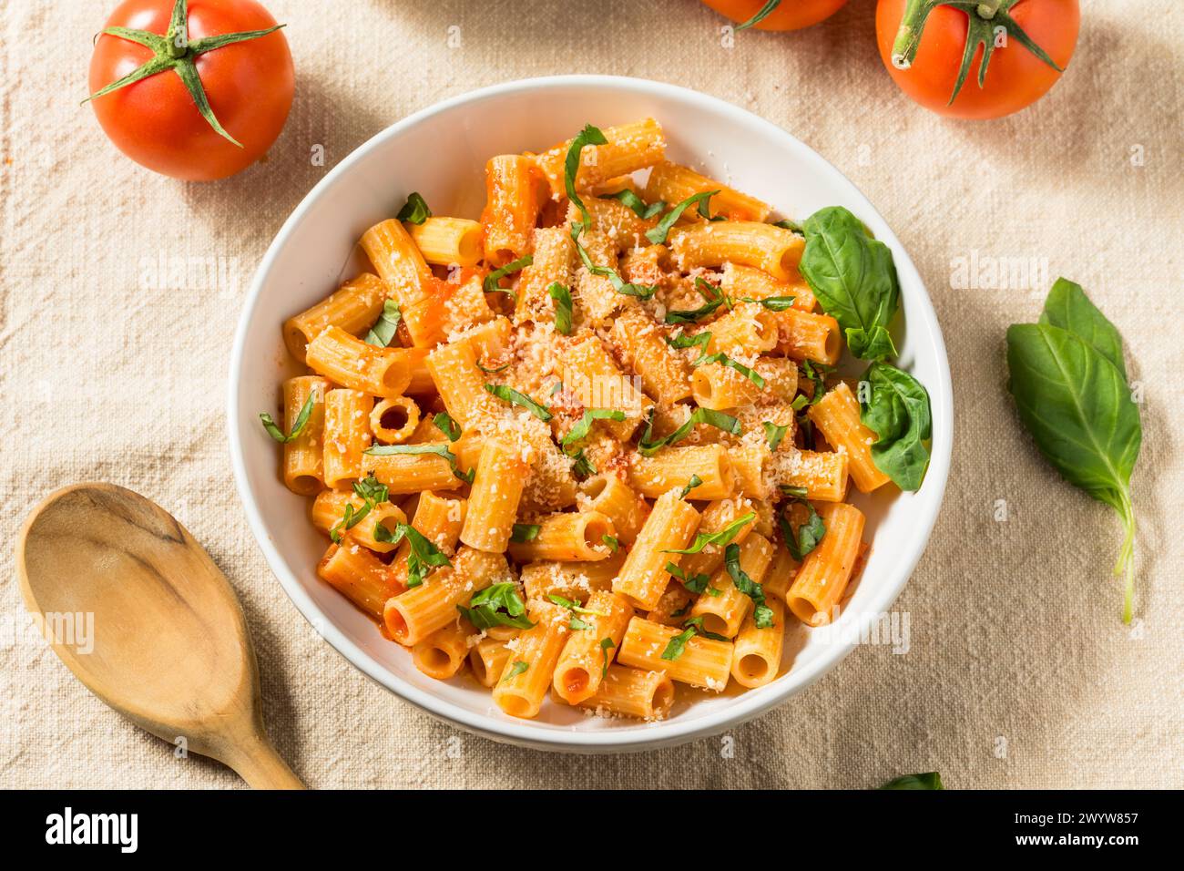 Homemade Italian Maccheroni Pasta with Red Sauce and Basil Stock Photo ...