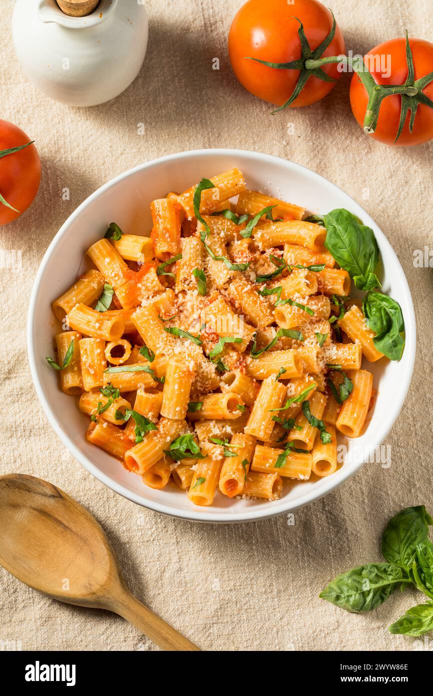 Homemade Italian Maccheroni Pasta with Red Sauce and Basil Stock Photo ...