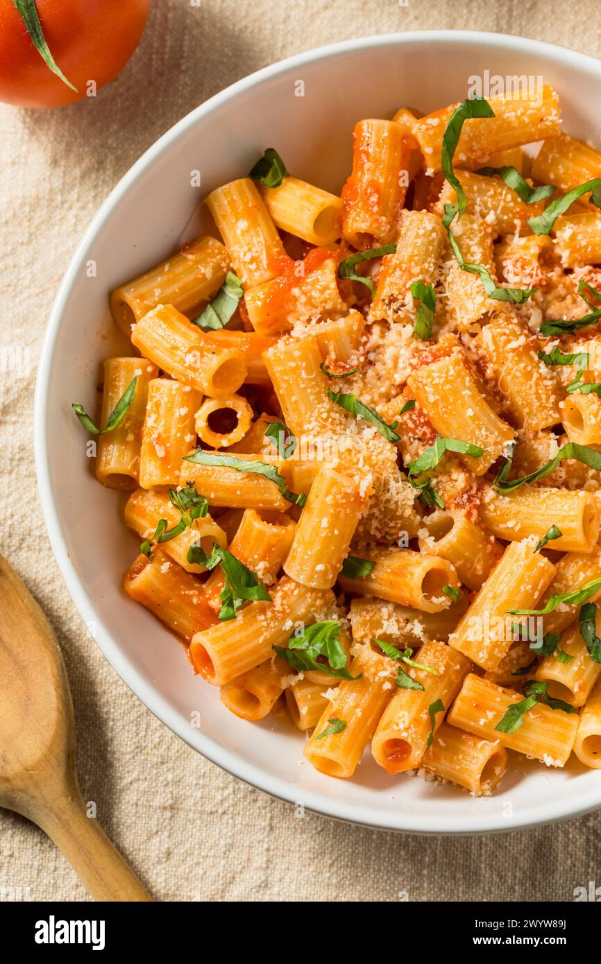 Homemade Italian Maccheroni Pasta with Red Sauce and Basil Stock Photo ...