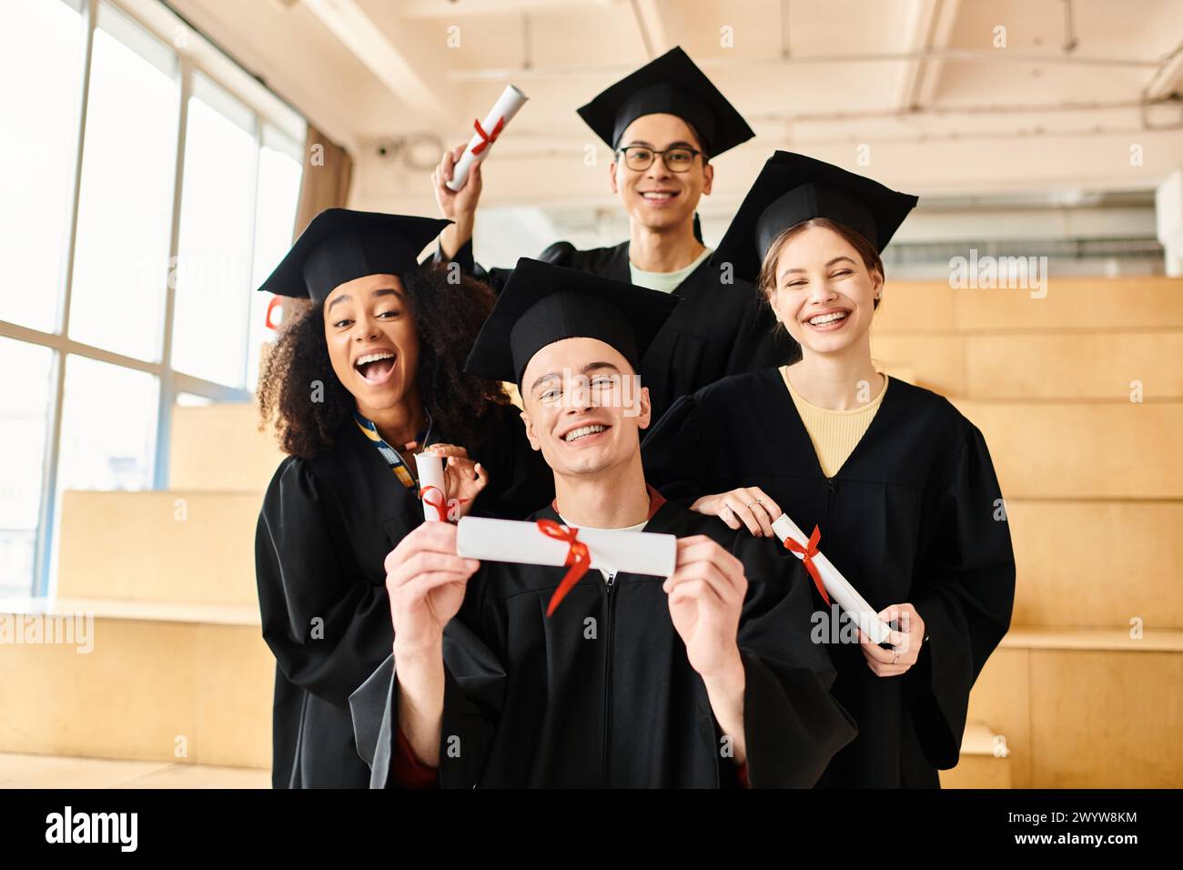 A group of students from different backgrounds, donning graduation ...