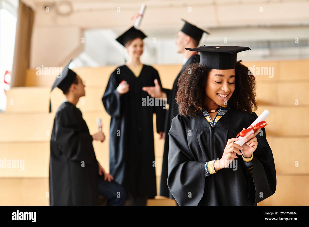 A diverse group of students in graduation gowns, a black girl looking ...