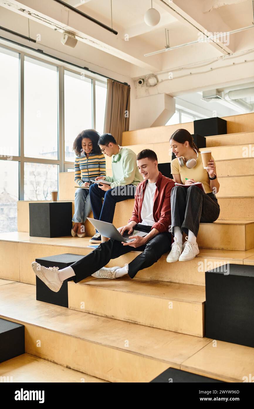 Multicultural friends sit chatting on urban steps, creating a vibrant ...