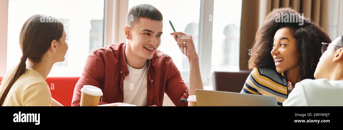 A group of students from various backgrounds engaging in lively ...