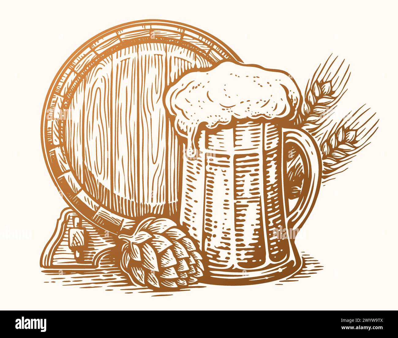 Hand drawn wooden barrel and mug of beer. Brewery, pub sketch vintage ...