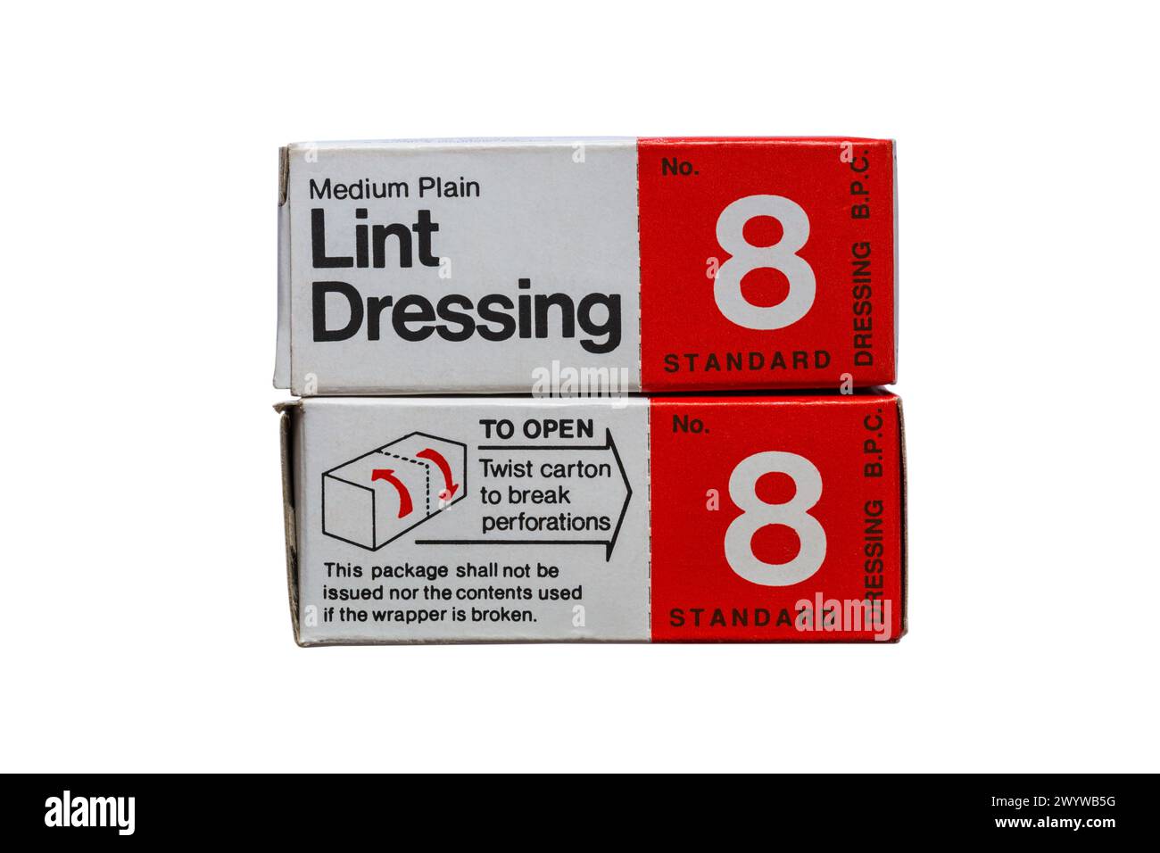 Packs of Lint dressing with instructions to open isolated on white ...