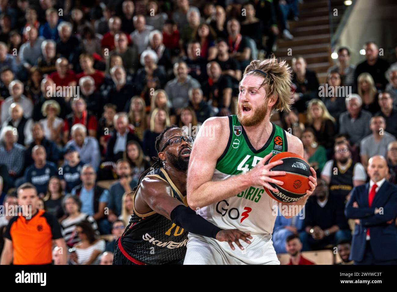 Zalgiris Kaunas player #45 Brady Manek and Monaco player #10 JohnnBrown ...