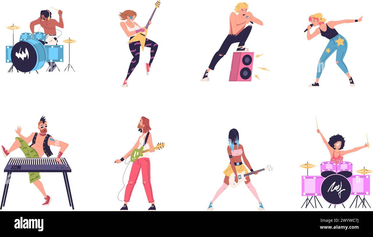 Rock band characters. Rocker group musicians playing heavy metal music ...