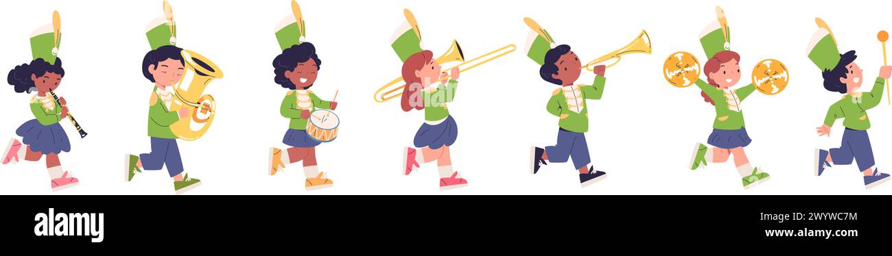 Kid band parade. Children musicians marching with trombone trumpet loud ...