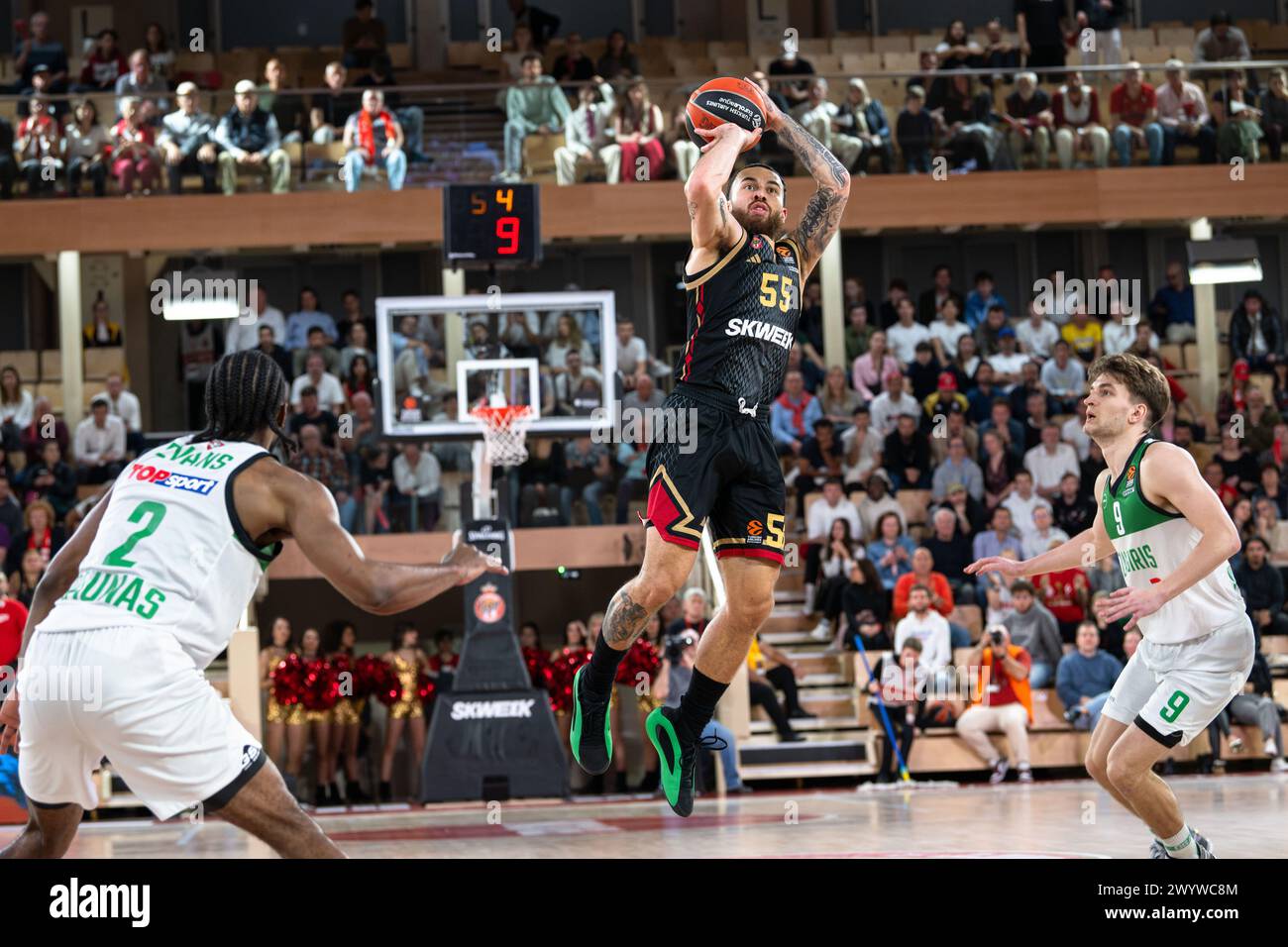 Monaco player #55 Mike James, Zalgiris Kaunas #2 Keenans Evans and #9 ...