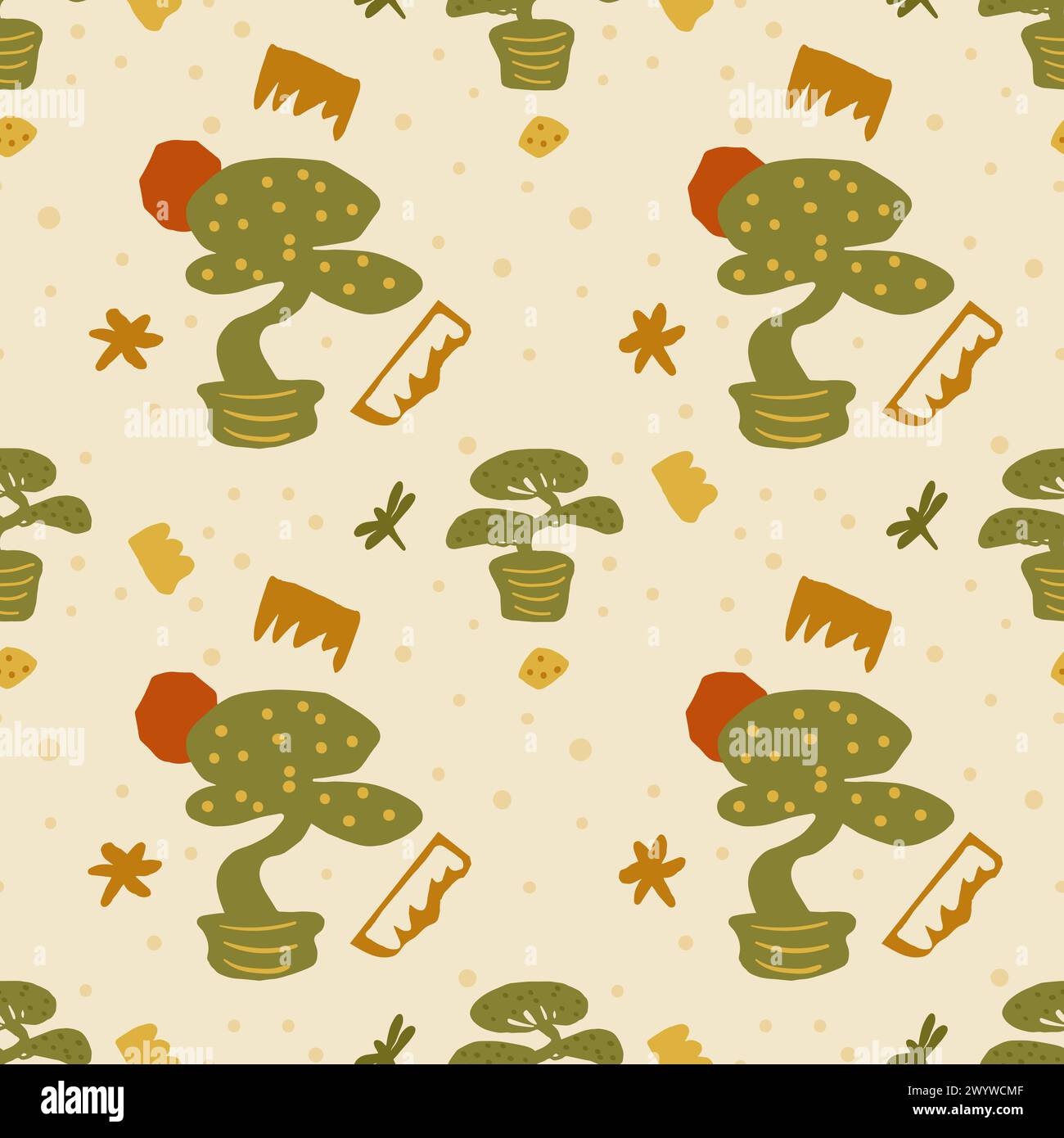 Bonsai trees seamless pattern. Plant on pot with leaves and collage ...