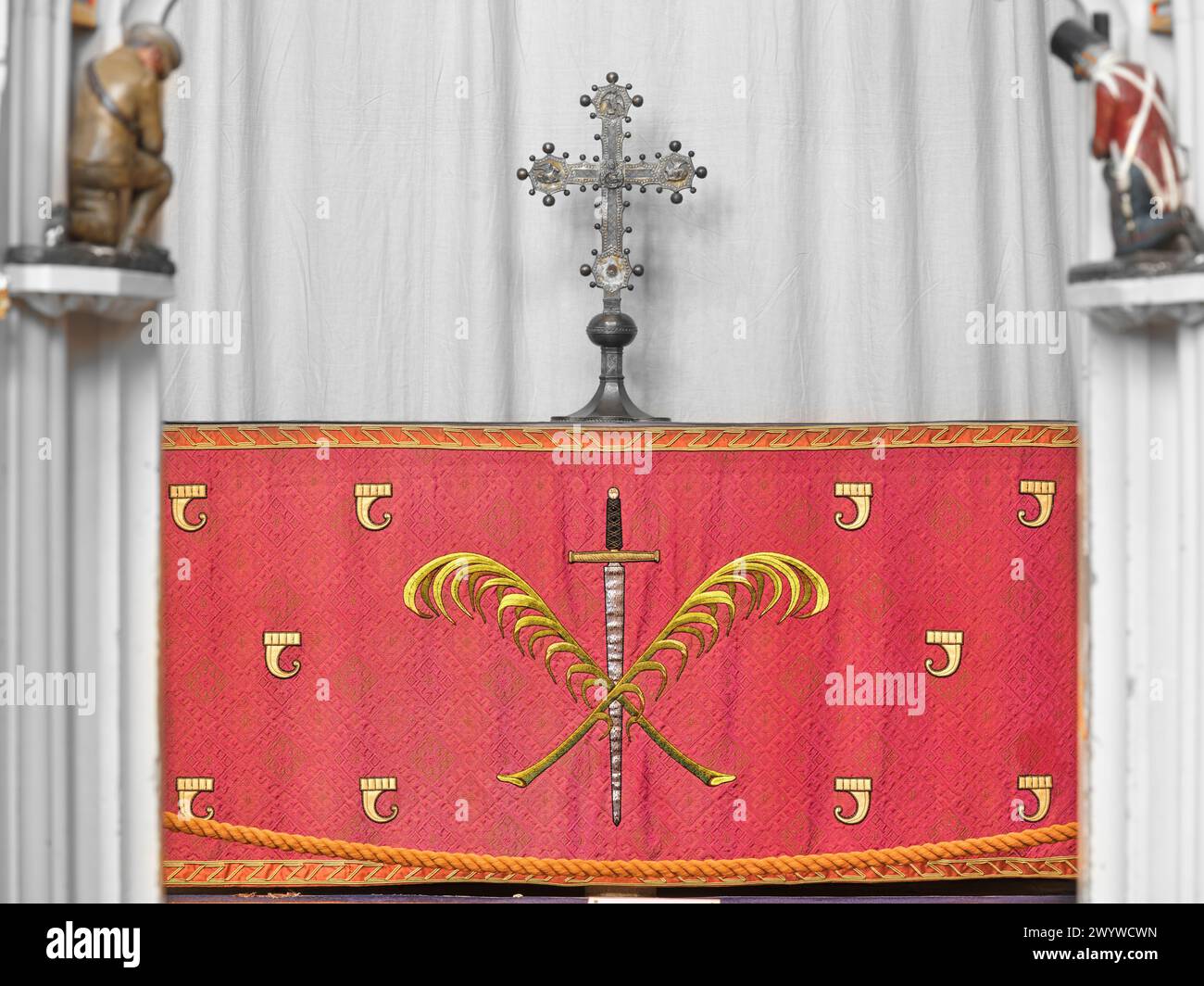 Frontal cloth on the altar of the soldier military chapel at the ...