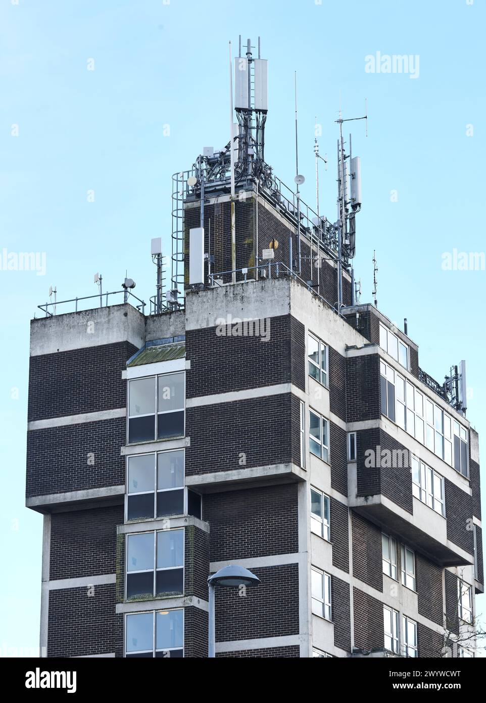 Radio masts on a building at the shopping complex in the town centre of ...