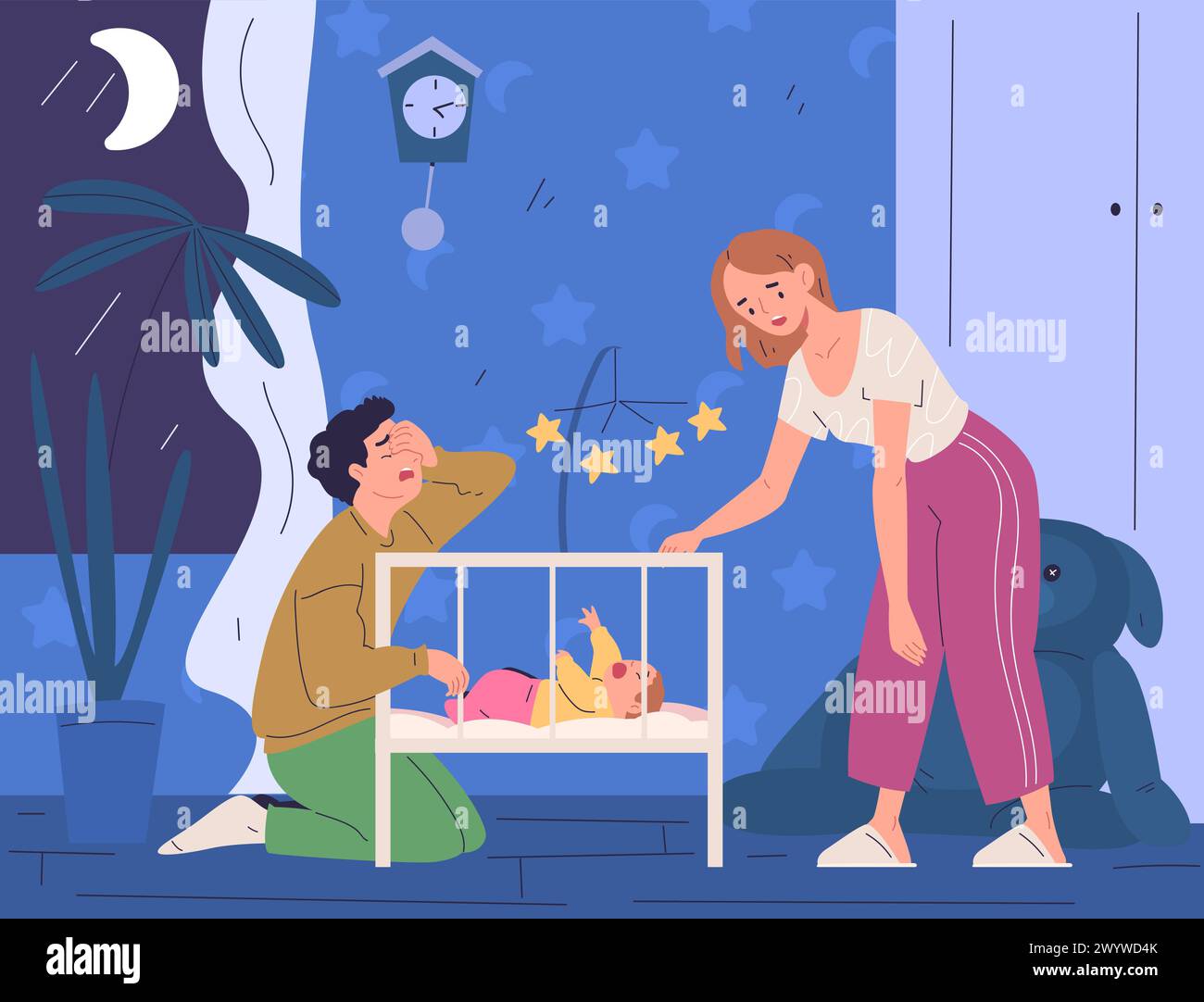 Infants sleeping problems. Sleepy exhausted parents couple and crying ...