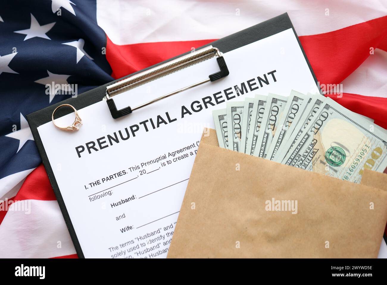 Prenuptial agreement and wedding ring on table. Premarital paperwork ...