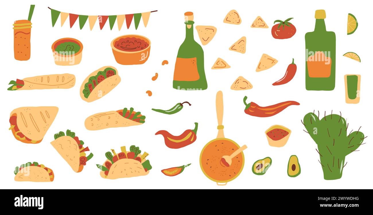 Mexican food set. Sauce salsa, guacamole. Burrito, taco, nacho ...