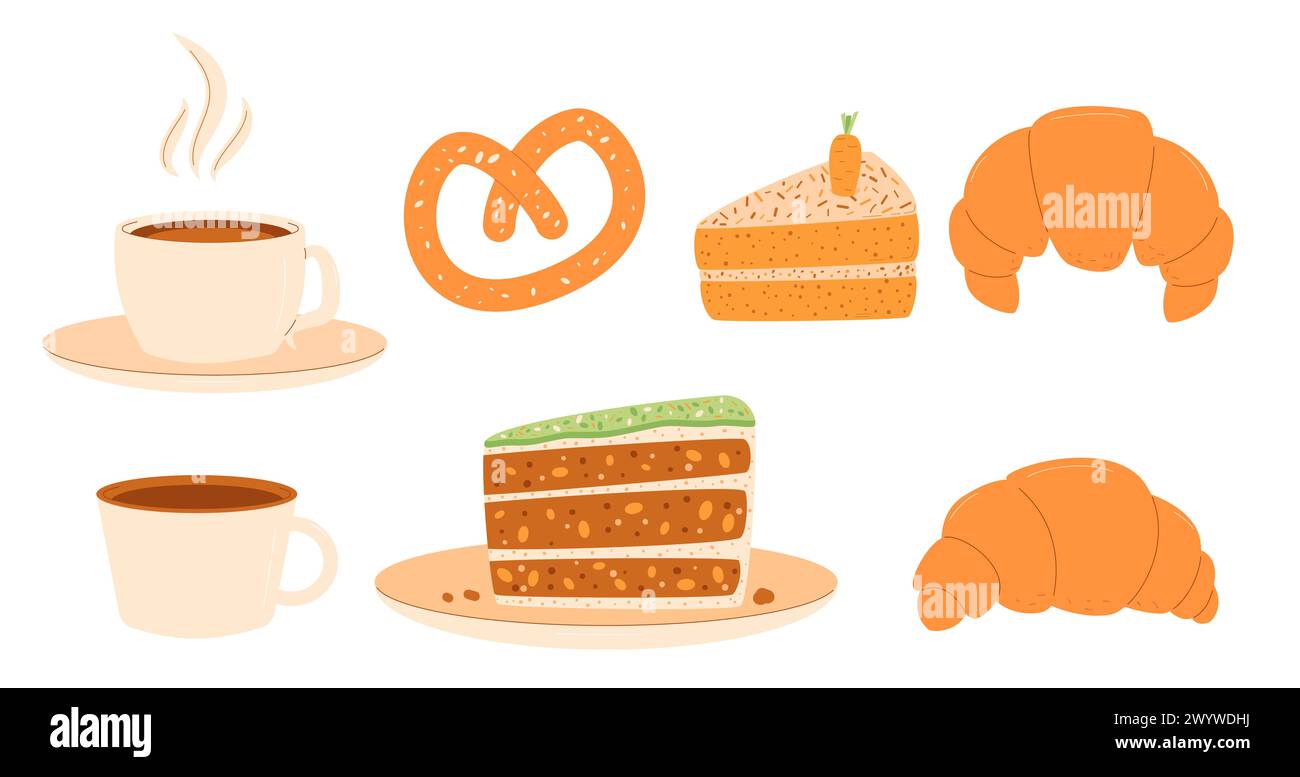 Bakery confectionery shop set. Croissant, bagel and cake slices with ...