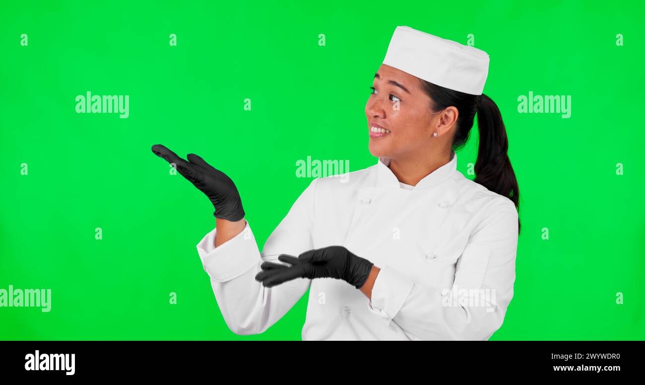 Green screen, woman face and chef hand pointing to checklist, menu and ...