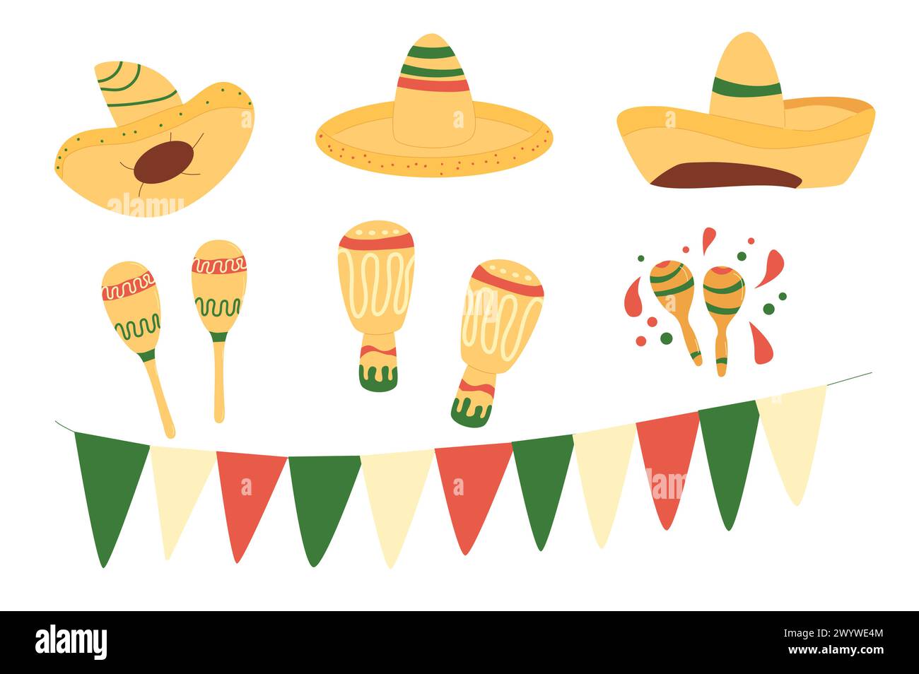 Cinco de Mayo elements set. Sombrero , maracas, flag garland. Mexican ...